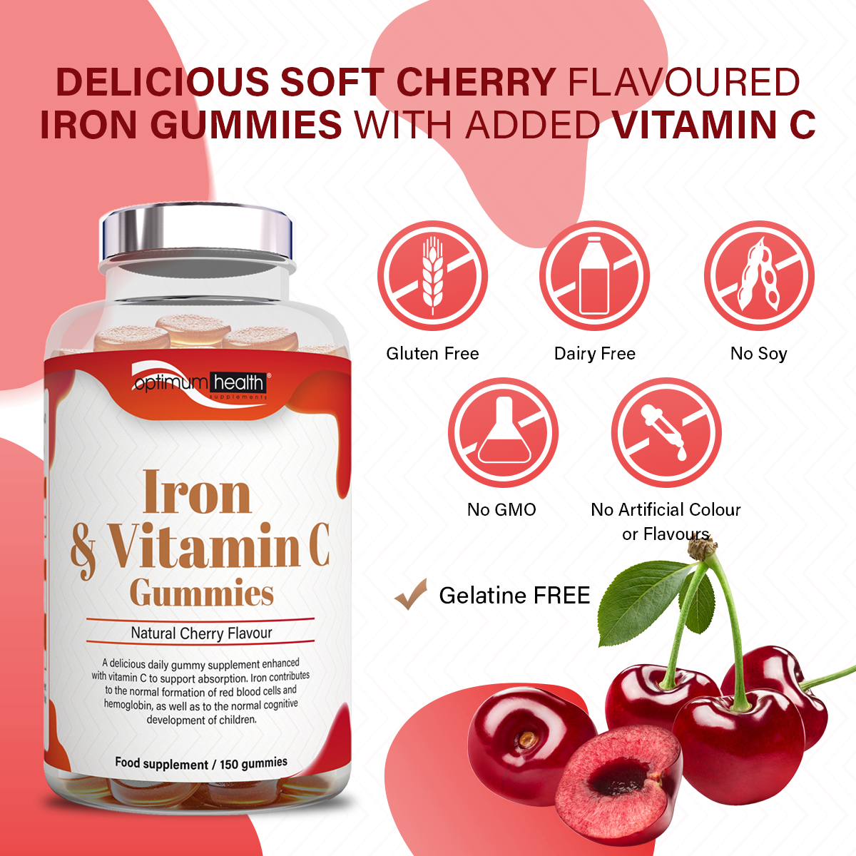 Iron & Vitamin C Gummies – Cherry Flavour | 60 & 150 Count – Optimum Health Supplements